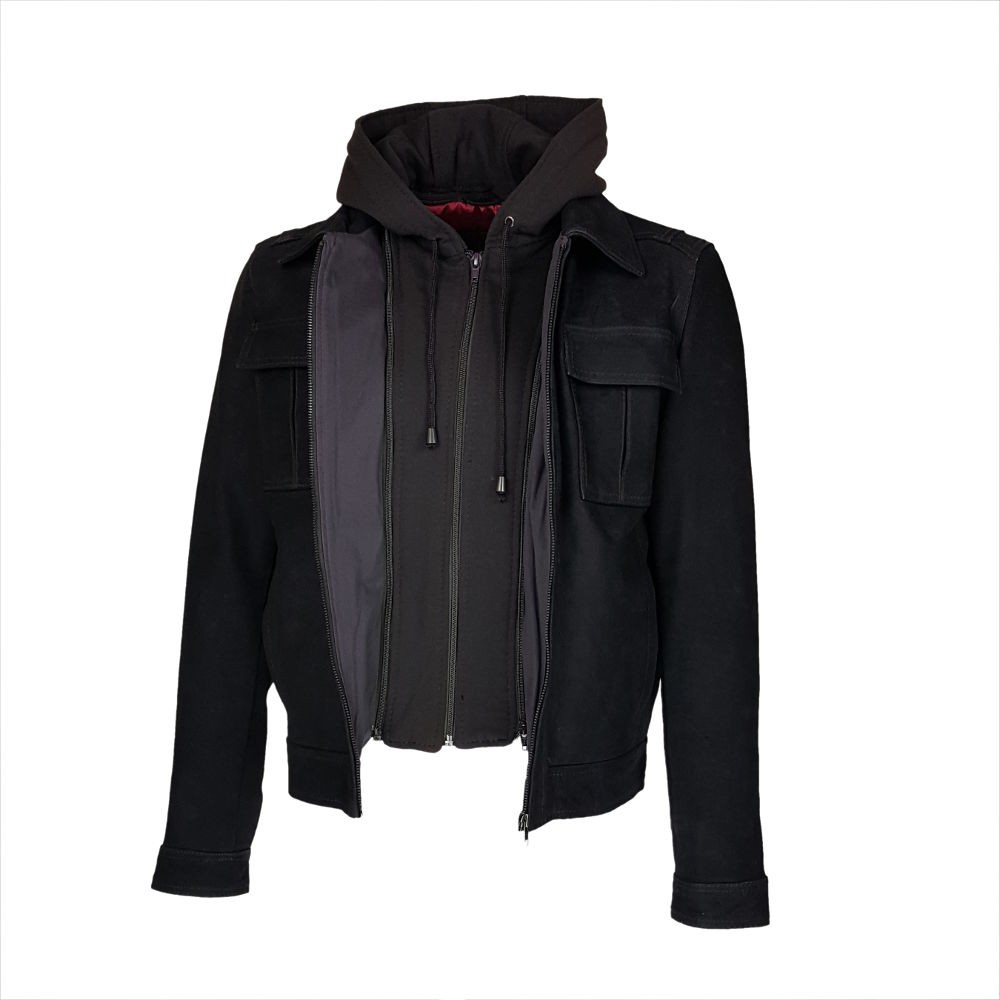 men's jacket in nubuck with shirt collar with removable hood
